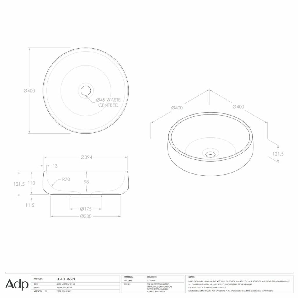 Jean Plum 400mm wide Concrete Counter Top Basin in Melbourne | Topware